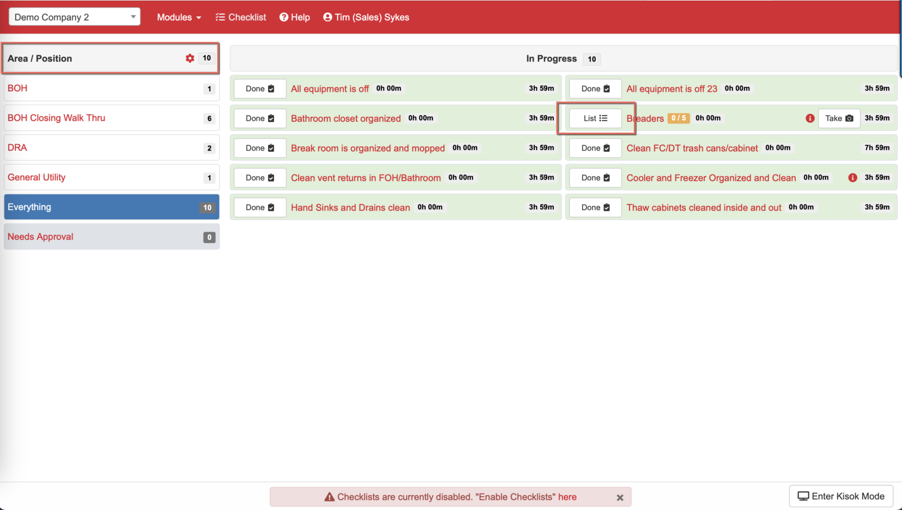 Checklist with Direct Tasks – Probiz Home